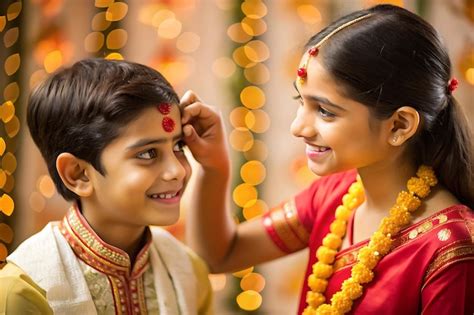 Sister Applying Tilak On Brothers Forehead With Loving Smile Premium