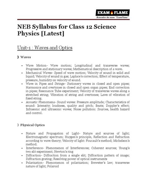 Neb Syllabus For Class 12 Science Physics Pdf Waves Electron