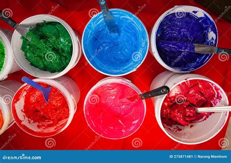 Top View Colorful Fabric Printing Inks In White Buckets Stock Image Image Of Primary Export
