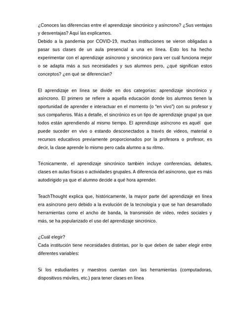 Diferencias Entre Aprendizaje Sincrónico Y Asincrónico Pdf Internet