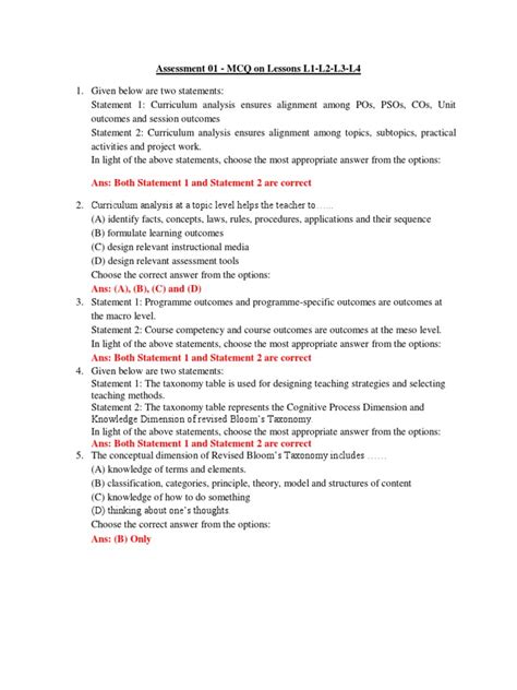 Assessment 01 Mcq On Lessons L1 L2 L3 L4 Pdf Teaching Method