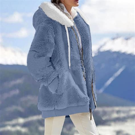 Sksloeg Women Sherpa Lined Jacket Long Sleeve Winter Warm Zipper Hooded