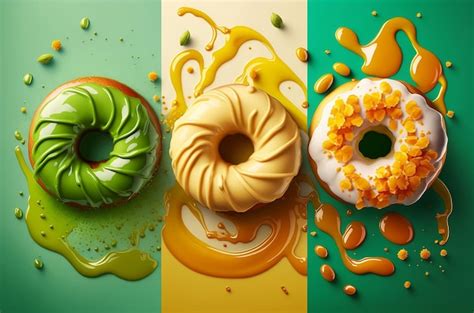Donas Glaseadas De Colores Con Toques De Fondo Verde Y Amarillo Foto