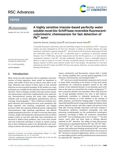 PDF A Highly Sensitive Triazole Based Perfectly Water Soluble Novel