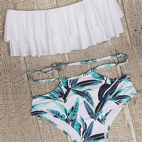 Women Off Shoulder Bikini Swimsuit Ruffle Flounce Top With Hipster