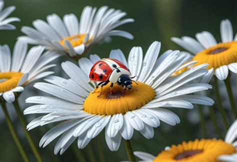 Closeup Photo Of Lady Bug On Daisy Premium Ai Generated Image
