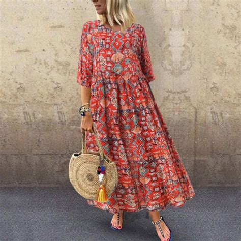 ZANZEA Women Vintage Sleeve Casual Long Shirt Dress Floral Print Midi Dress EBay
