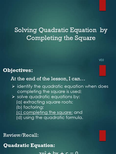 Lesson 2 3 Solving Quadratic Equation By Completing The Square Pdf