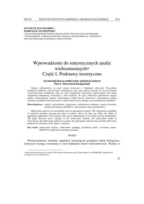 Pdf An Introduction To Multivariate Statistical Analyses Part I