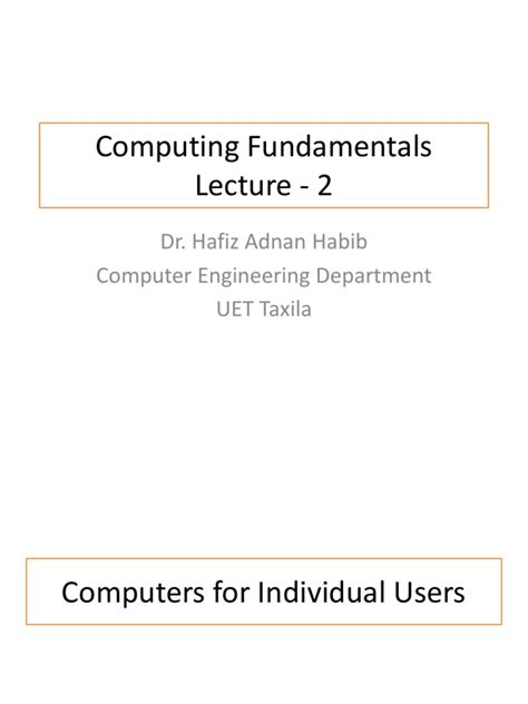 Computing Fundamentals Lecture 2 Dr Hafiz Adnan Habib Computer