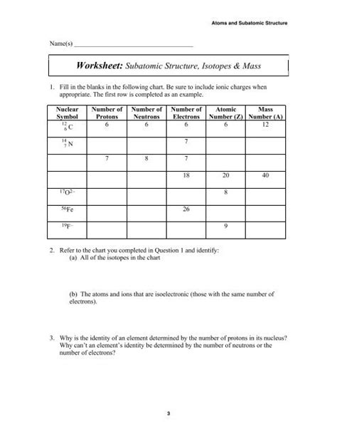 Subatomic Structure Worksheet ChemConnections