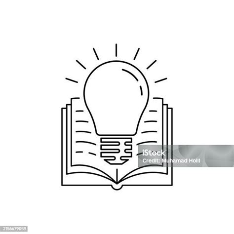 열린 책 검은 아이콘과 얇은 선 전구입니다 평면 윤곽선 트렌드 현대 브로셔 정보 로고 타입 선형 디자인 흰색 절연 비즈니스 문학 출판 또는 서점 픽토그램의 개념 경외감에