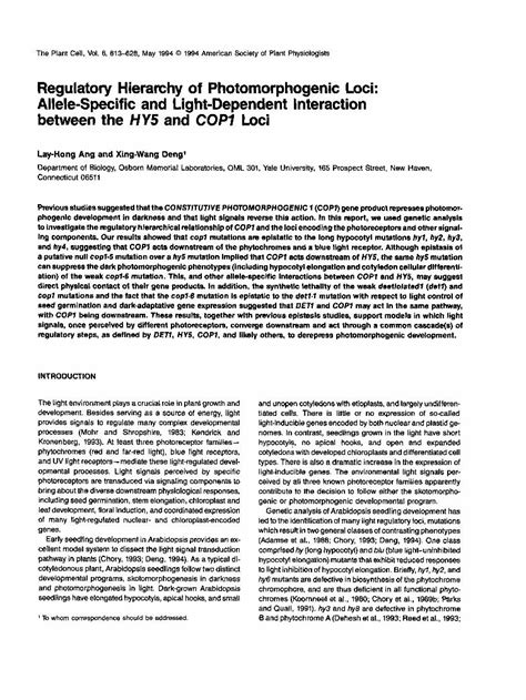 Pdf Regulatory Hierarchy Of Photomorphogenic Loci The Plant Cell Vol 6 613 628 May 1994