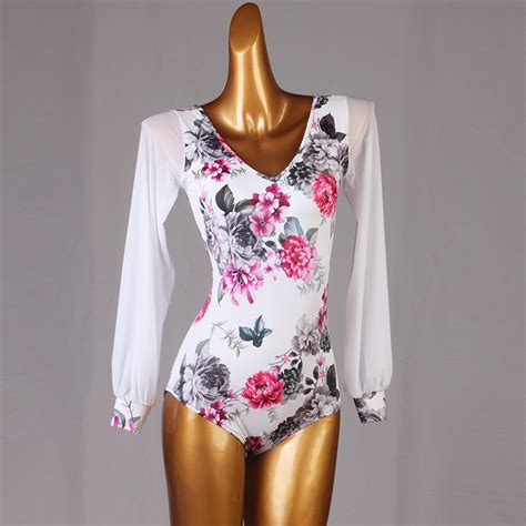White With Floral Ballroom Latin Dance Bodysuits For Women Lantern Long