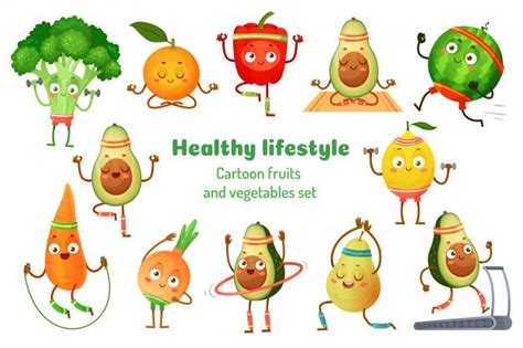 Овощи и фрукты забавные наклейки Бесплатный вектор Иллюстрации Мультфильмы Овощи