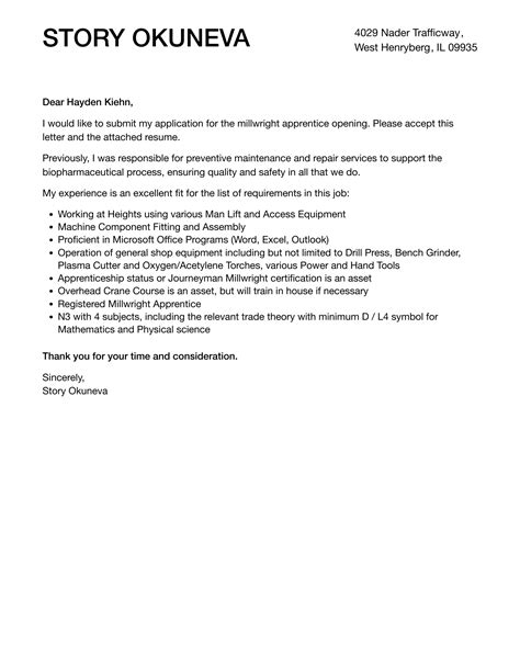 Millwright Apprentice Cover Letter Velvet Jobs