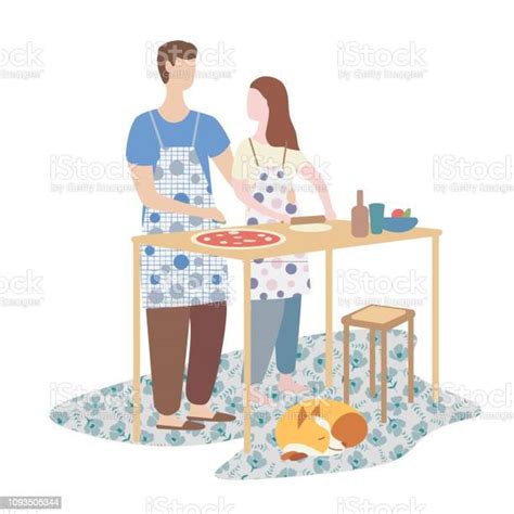 여자와 함께 피자를 요리 하는 남자입니다 가족 요리 주말 집 분위기 가정 생활에 대한 스톡 벡터 아트 및 기타 이미지 가정