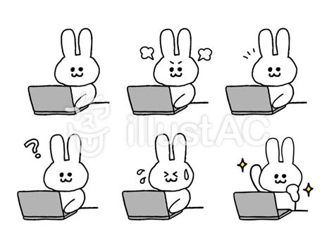 컴퓨터 작업하는 토끼 세트 간단 이모티콘 스티커 일러스트레이션