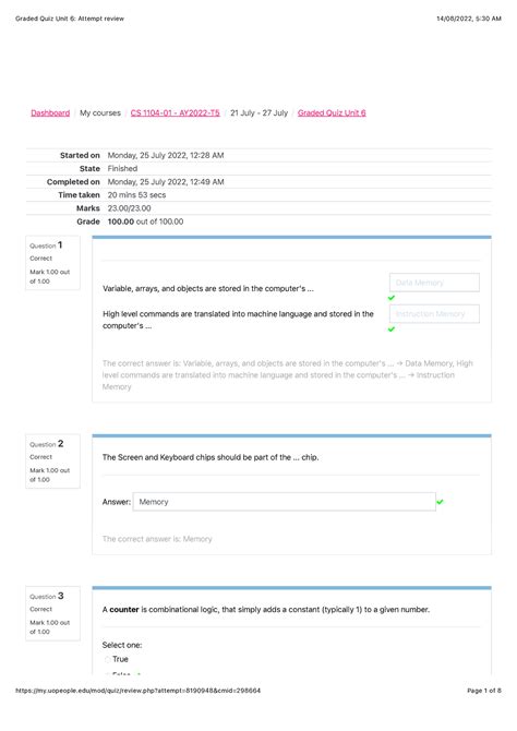 Graded Quiz Unit 6 Attempt Review Question 1 Correct Mark 1 Out Of 1 Question 2 Correct Mark