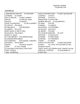 Autentico 2 Master Vocabulary Lists WORD Docx Para Empezar To Chapter 9B