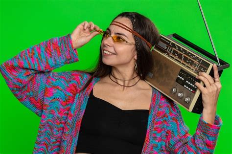 Premium Photo Woman Using Retro Tape Record Player To Listen Music Disco Dancing Of Favorite