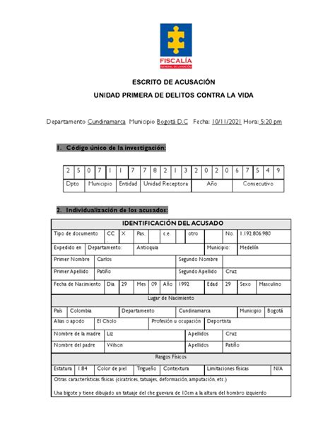 Escrito De Acusacion Grupo 12 Pdf Bogotá Policía