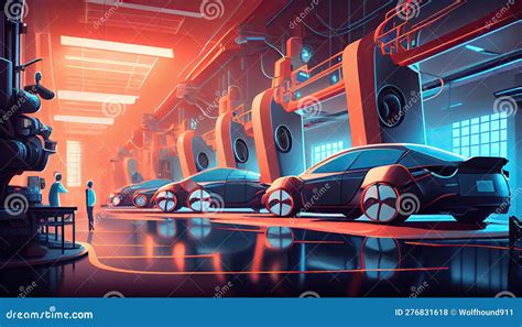 Automated Robotics Futuristic Electric Cars Factory Production Line Generate Ai Stock