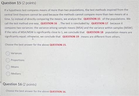 Solved If A Hypothesis Test Compares Means Of More Than Two Chegg