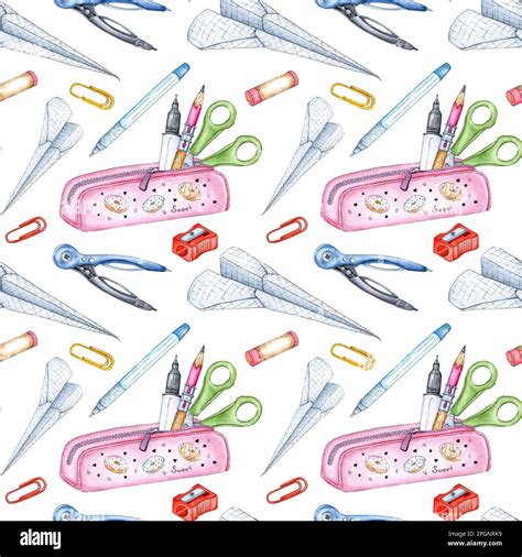Watercolor Illustration Of Office Seamless Pattern School Supplies