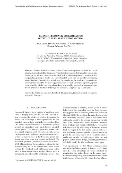 Pdf Robust Feedback Linearization Without Full State Information Ana Franco