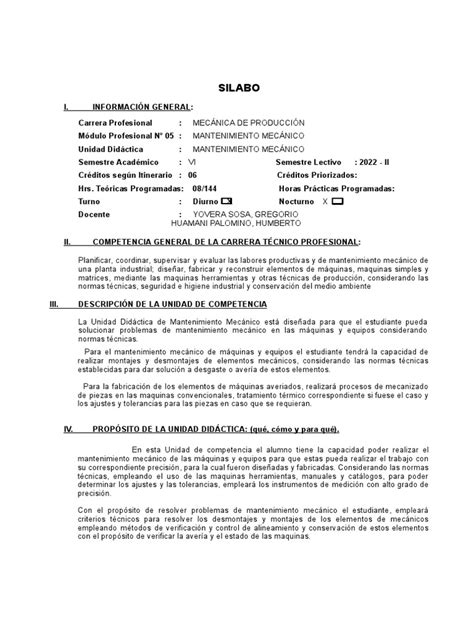 SÍlabo Mantenimiento Mecanico Pdf Rodamiento Mecánico Evaluación