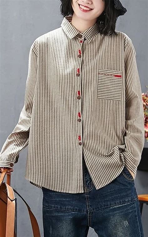Cotton Linen Autumn Vintage Stripe Korean Style Plus Size Casual Loose