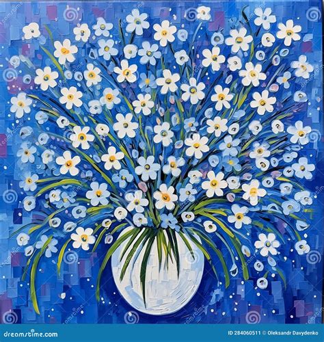 Bouquet Of White Forget Me Nots Flowers In A Vase On Blue Background