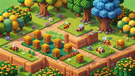 Isometric Pixel Art Scene Of A Tiny Honey Bee Garden Buzzing With Life And Movement Stock