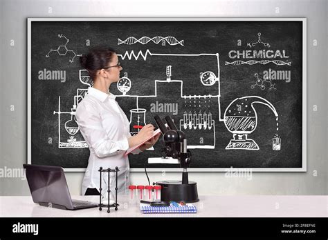 Woman Scientific Researcher In Laboratory And Looking On Blackboard With Drawing Scheme Chemical