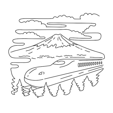 Гора фудзи и сверхскоростной поезд синкансэн в японии Mono Line Art
