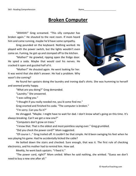 Broken Computer Reading Comprehension Worksheet Have Fun Teaching