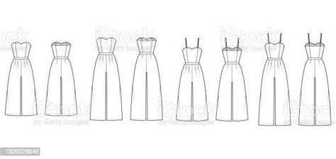 전체 발목 길이 일반 허리 더블 플리트 스트랩이 있는 점프수트 퀼로트 전체 테크니컬 패션 일러스트레이션 세트 0명에 대한 스톡 벡터 아트 및 기타 이미지 Istock