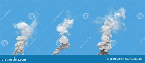 3 Grey Co2 Emissions Smoke Columns From Forest Fire On Blue Isolated