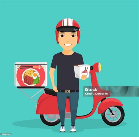 일본 요리의 빠른 납품입니다 젊은 남자는 국수의 상자와 오토바이 근처 의미합니다 국수에 대한 스톡 벡터 아트 및 기타 이미지 국수 귀여운 남자 Istock