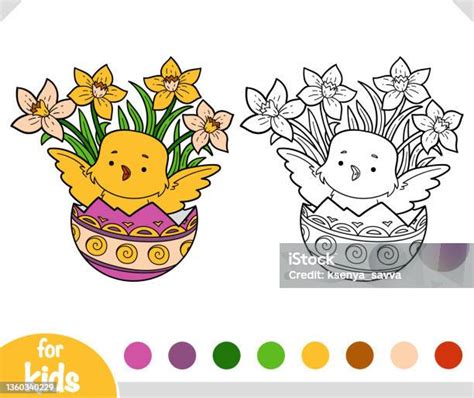 어린이를위한 색칠 공부 부활절 그림 작은 새와 색깔의 계란 그림 그리기에 대한 스톡 벡터 아트 및 기타 이미지 그림 그리기