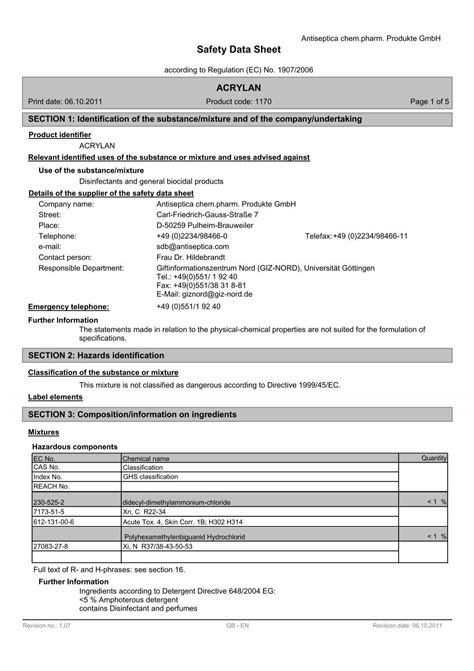 Safety Data Sheet Acrylan Antiseptica