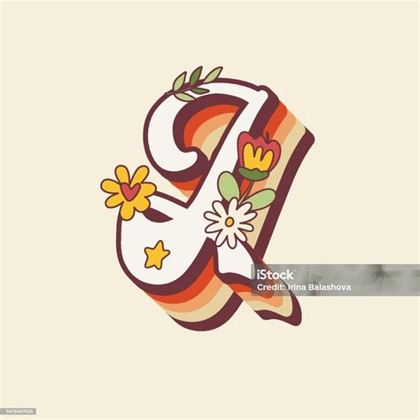 그루비 레트로 히피는 꽃으로 이니셜 문자 G를 양식화했습니다 향수 인쇄 또는 포스터에 대한 70 년대 편지 1970 1979 년에 대한 스톡 벡터 아트 및 기타 이미지