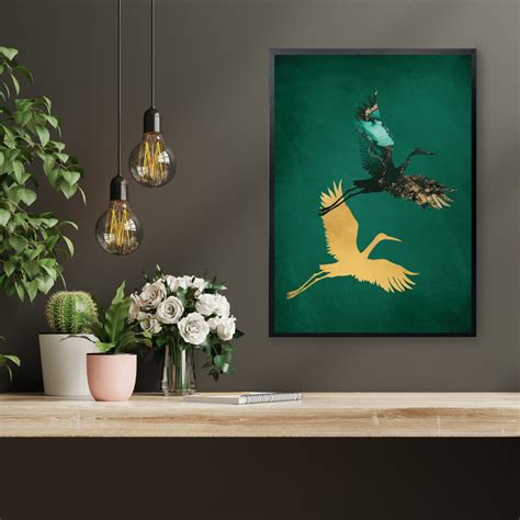 Emerald Green And Gold Crane Print Crane Birds Wall Art Japanese