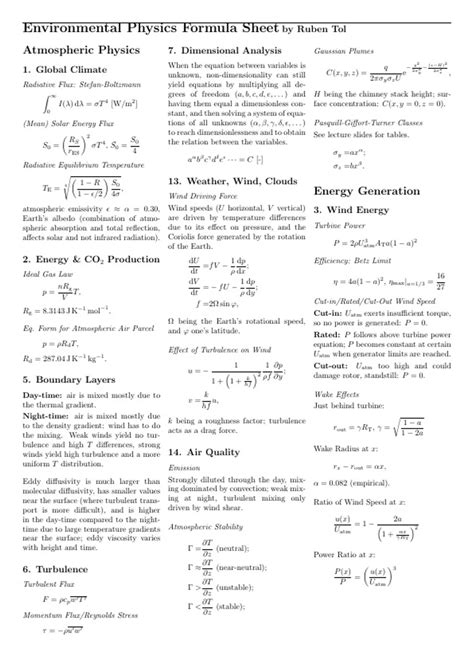 Summary Msc Ap Formula Sheet Environmental Physics Environmental