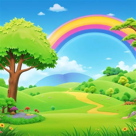 Premium Ai Image Cartoon Nature Scene Of A Park With Rainbow Generated Ai