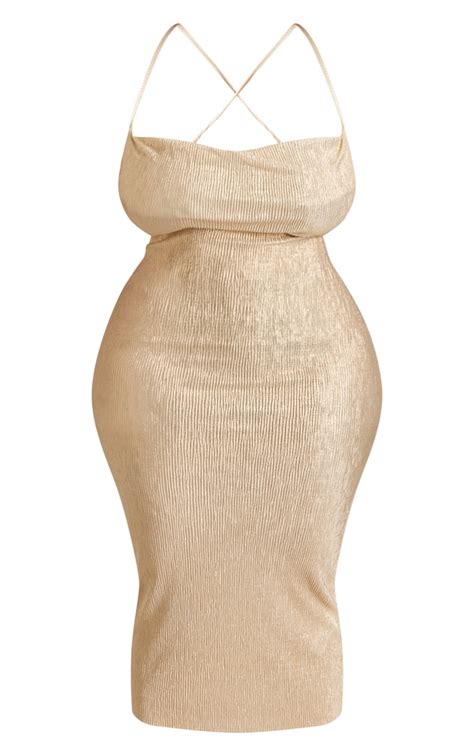 Plus Gold Textured Glitter Cowl Neck Midi Dress Plus Size