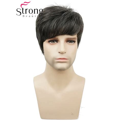 Strongbeauty Mens Short Layered Synthetic Hair Wig Brown Grey Mix Wigs