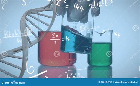 Animation Of Mathematical Equations And Dna Strand Over Beakers Stock
