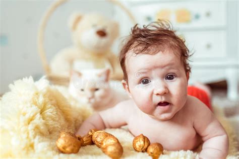 Naked Baby Lying On Blanket Stock Image Image Of Girl Interior 87625233